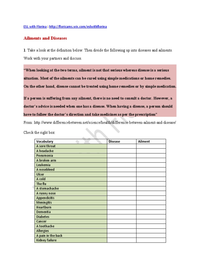 Ailments and Diseases: Work With Your Partners and Discuss | PDF ...