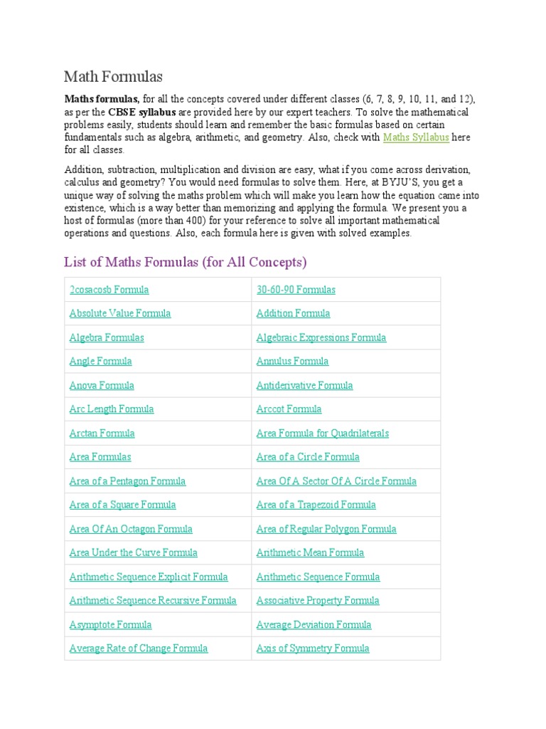 Math Formulas: List of Maths Formulas (For All Concepts) | PDF ...