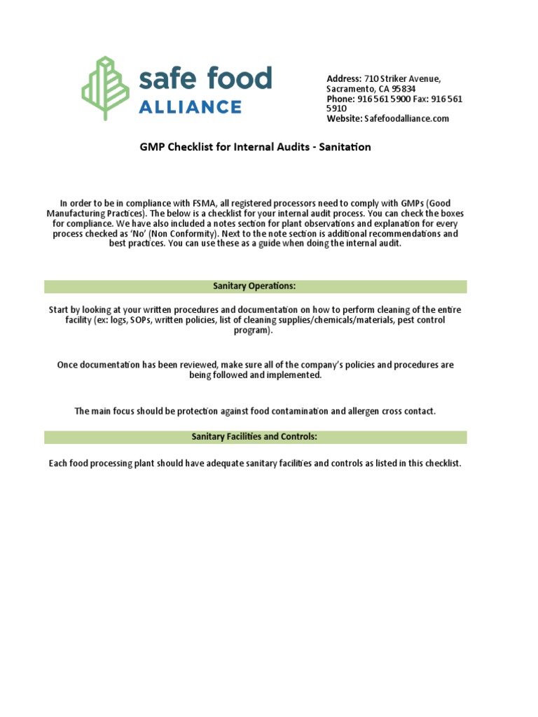 GMP Checklist For Internal Audits - Sanitation: Address: 710 Striker ...