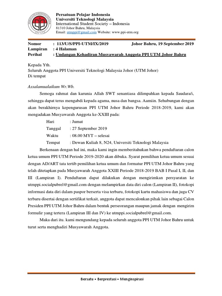 113 - Surat Undangan Anggota PPI UTM (MA) PDF | PDF