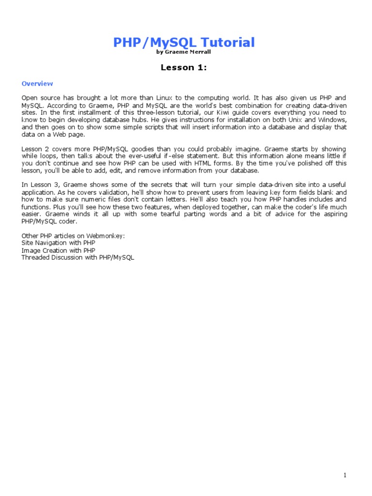 Php/Mysql Tutorial: Lesson 1 | PDF | Php | Apache Http Server
