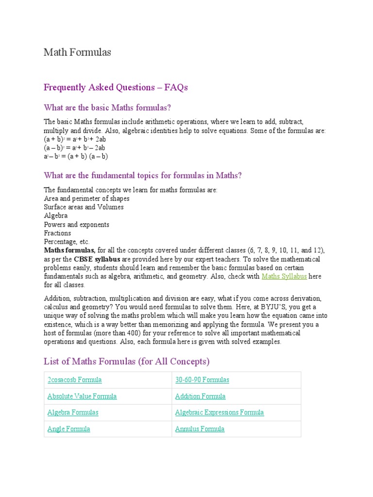 Math Formulas: Frequently Asked Questions - Faqs | PDF | Trigonometric ...