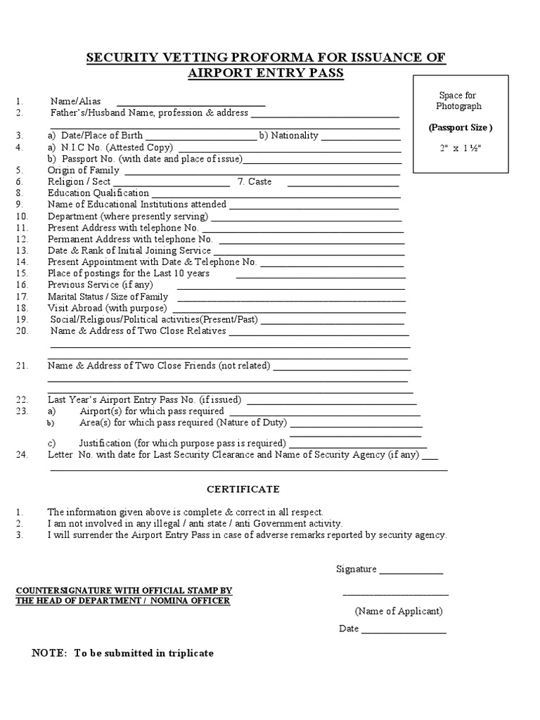 BLANK - Security Vetting Performa | PDF | Passport | International Law