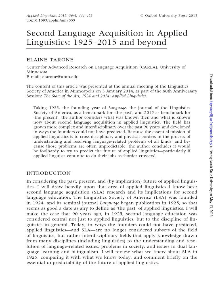Second Language Acquisition in Applied Linguistics: 1925-2015 and ...