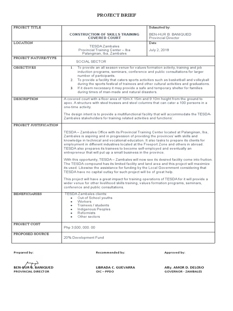 Project Brief: Construction of Skills Training Covered Court | PDF ...
