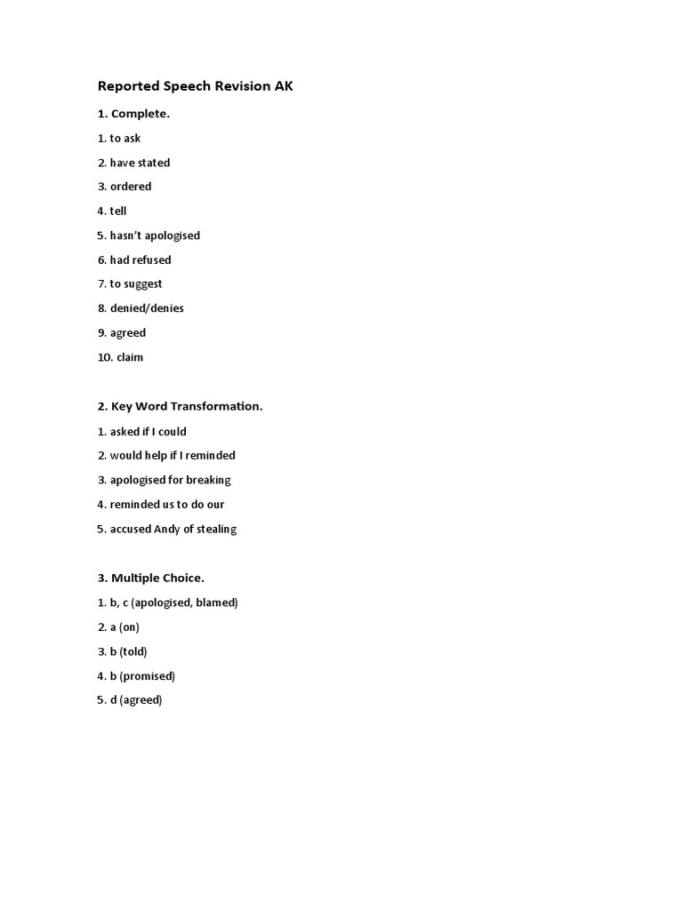 1º Bach - Reported Speech Revision AK | PDF | Foods