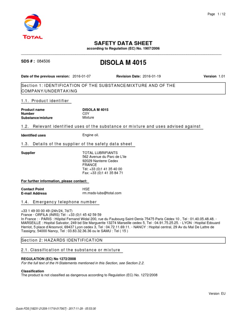 Disola-M-4015 MSDS v180505 | PDF | Toxicity | Waste
