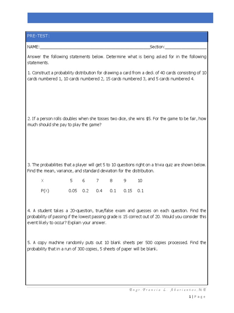 Pretest and Exercise 3 | PDF | Probability | Variance