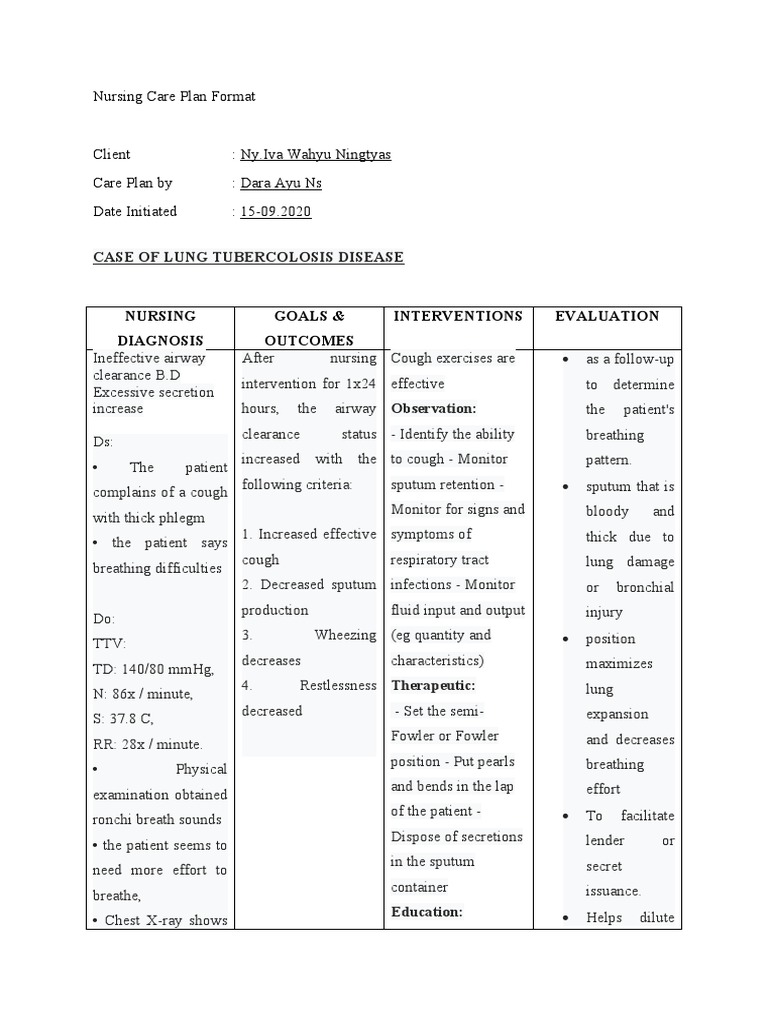 Nursing Care Plan Format Tubercolosis | PDF | Cough | Lung