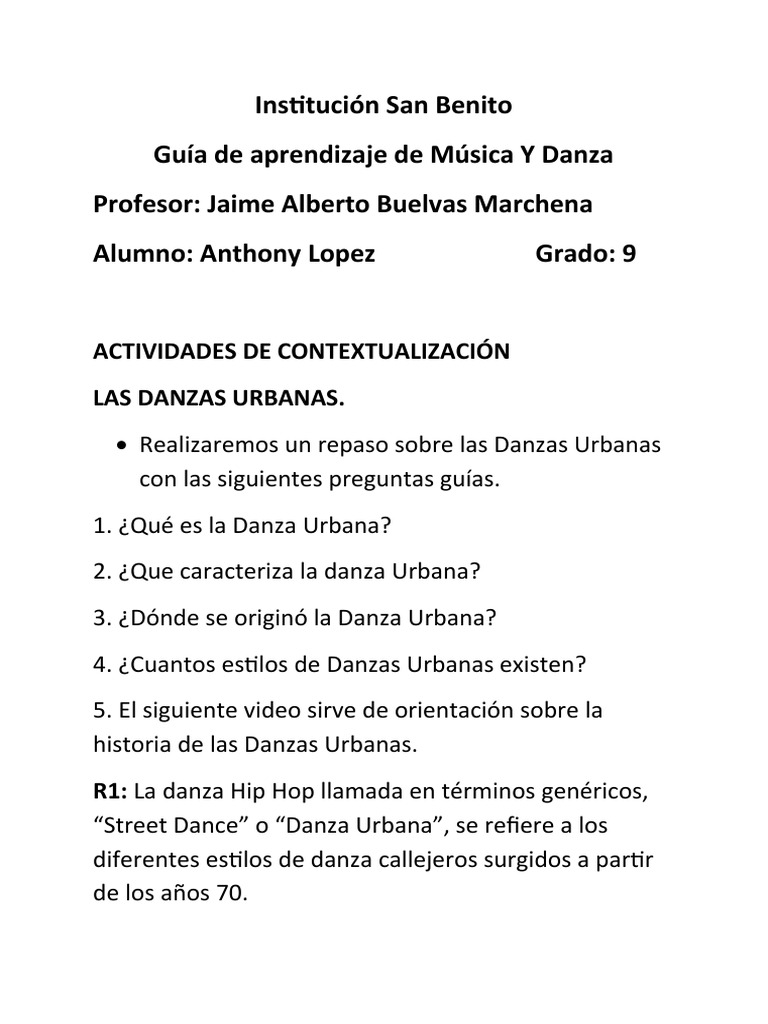 Guia de Aprendizaje Musica y Danza Grado 9 | PDF | Música hip-hop ...