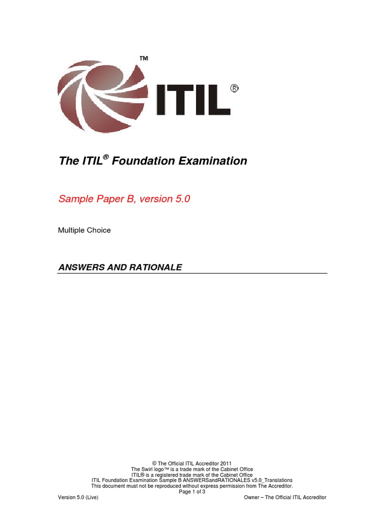 ITIL Foundation Examination Sample B ANSWERSandRATIONALES v5.0 ...