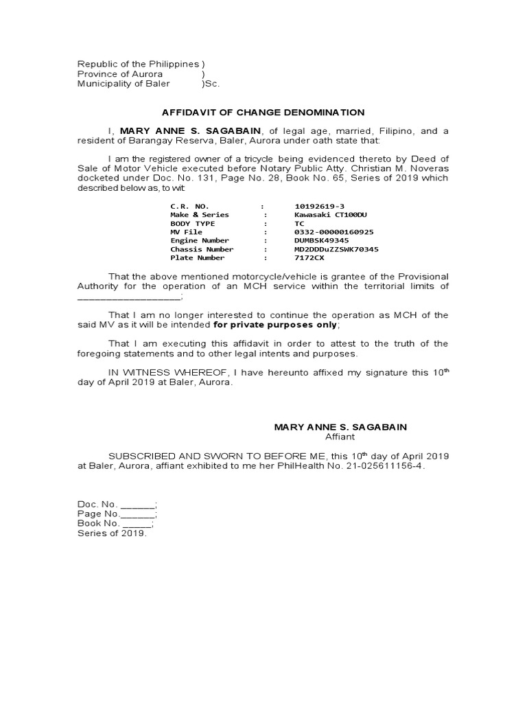 Affidavit of Change Denomination | PDF | Affidavit | Notary Public