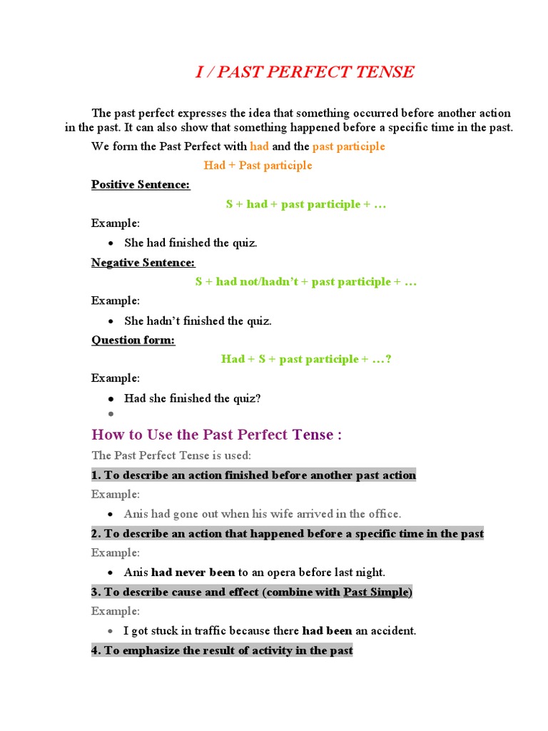 Past Perfect Tense | PDF | Perfect (Grammar) | Grammatical Tense