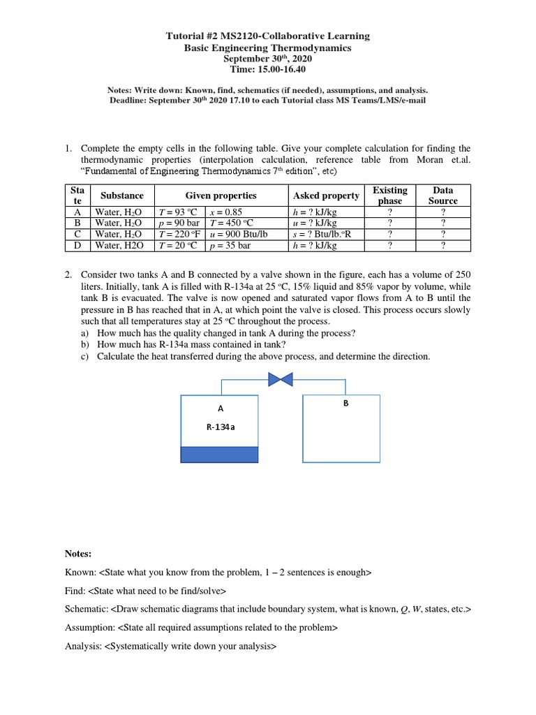 Soal Tutorial 2 MS2120 Sem1 - 2020 - 2021 (CL) - Rev | PDF | Thermodynamics | Water