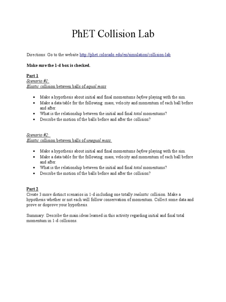 Phet Collision Lab: Make Sure The 1-D Box Is Checked | PDF