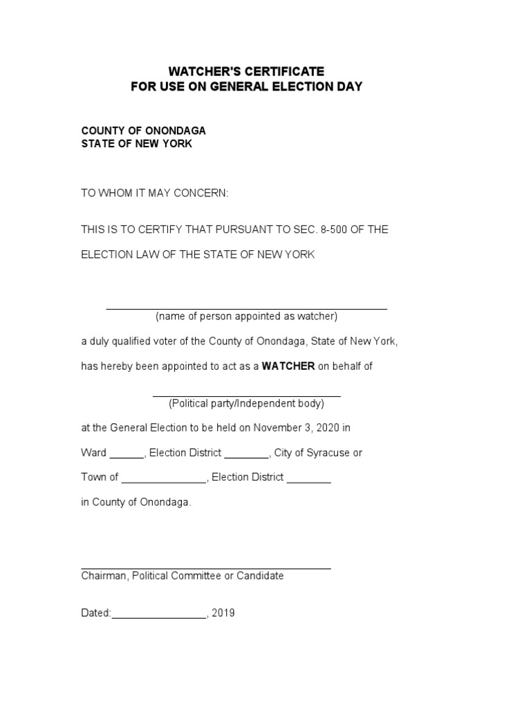 Onondaga Election Day Watcher Certificate | PDF