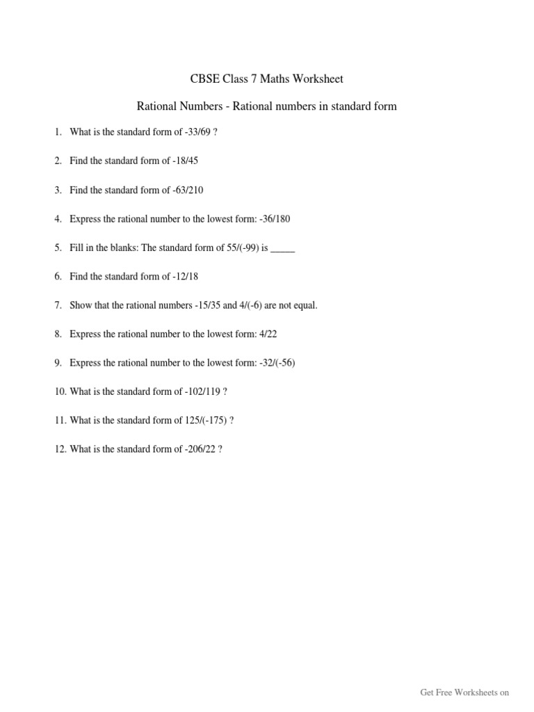 Rational Numbers in Standard Form CBSE Class 7 Worksheet | PDF