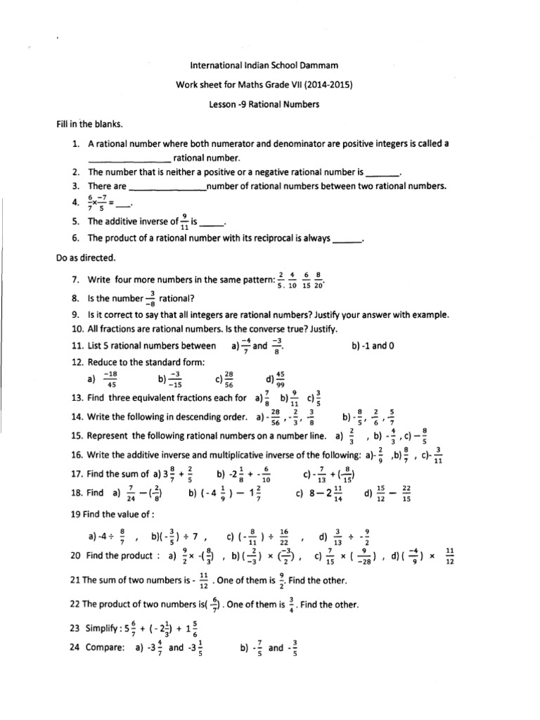 CBSE Class 7 Maths Worksheet - Rational Numbers | PDF