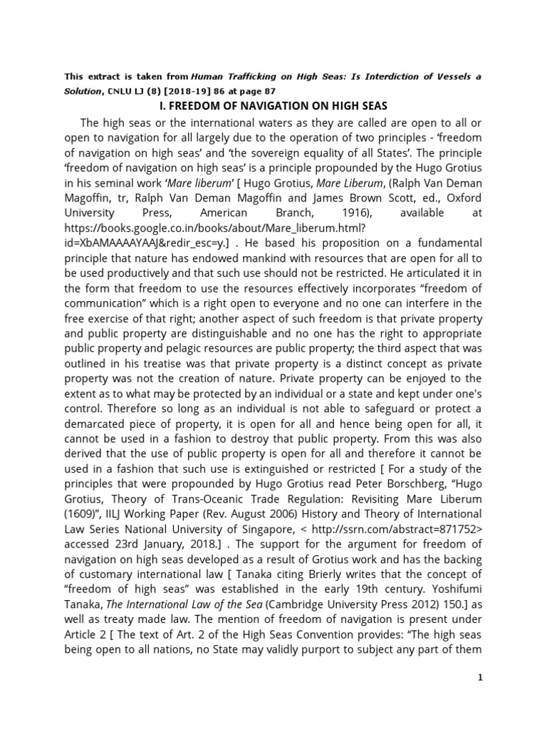 I. Freedom of Navigation On High Seas: Solution, CNLU LJ (8) (2018-19 ...