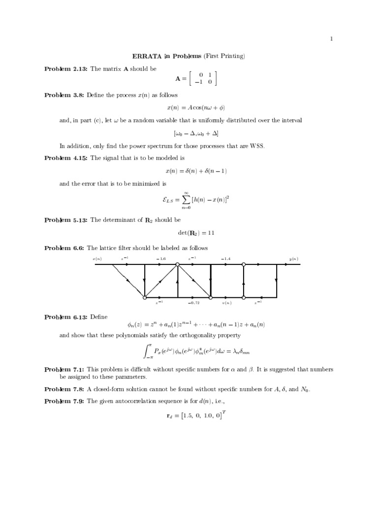 ERRATA in Problems Problem 2.13: A A Problem 3.8 | Download Free PDF | Kalman Filter | Matrix ...