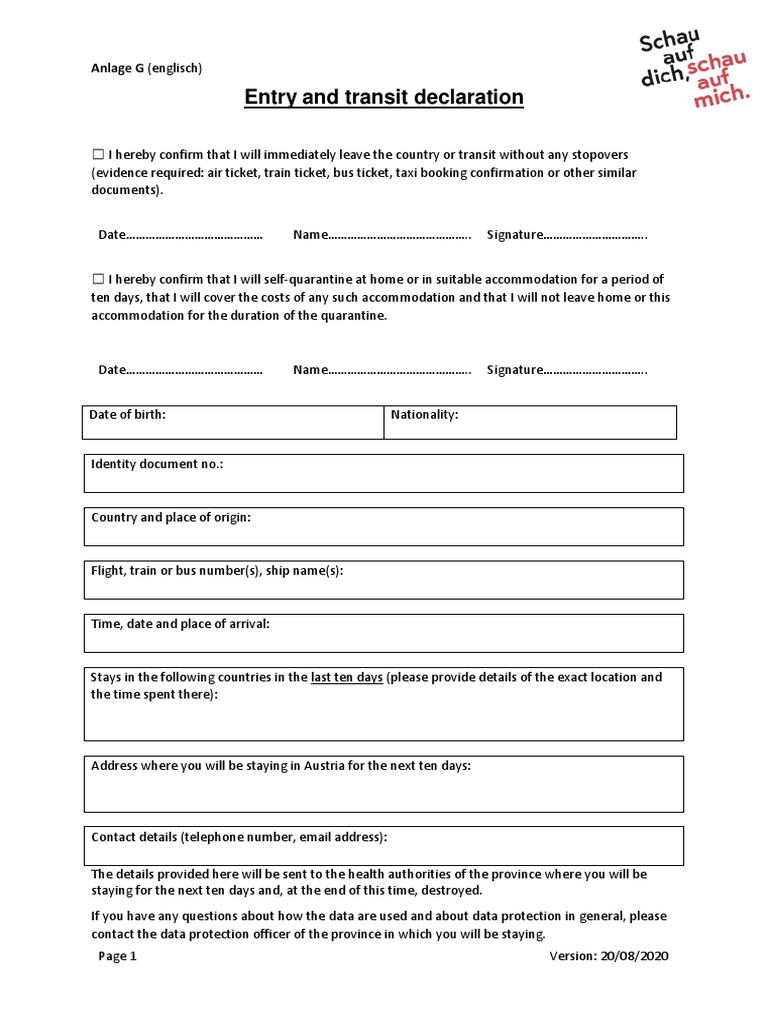 Entry and Transit Declaration: Anlage G (Englisch) | PDF