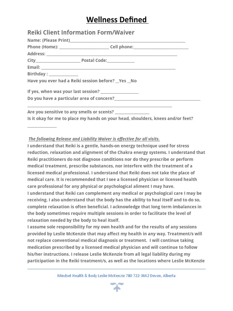 Par-Q and Reiki Client Information Form | PDF | Reiki | Physician