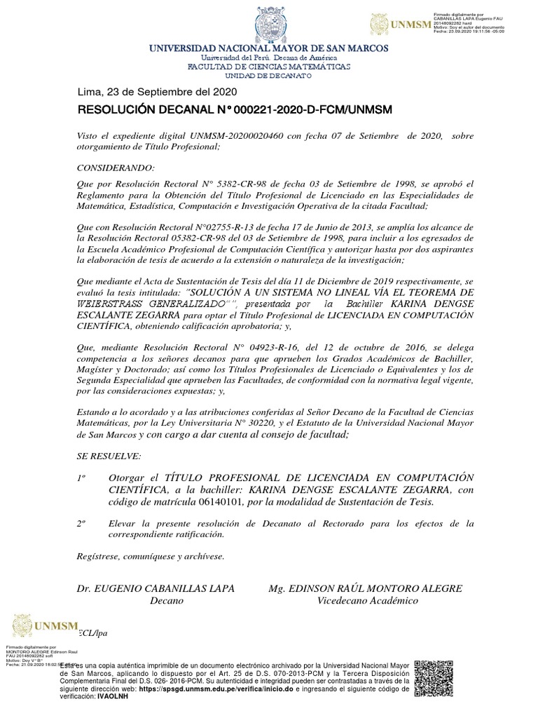 Resolución Decanal #000221-2020-D-Fcm-Unmsm PDF | PDF | Etapas educativas | Academia
