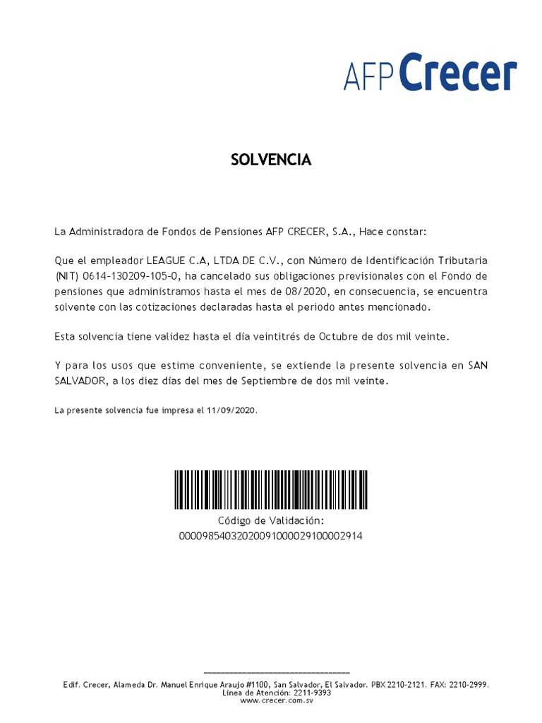 Solvencia AFP Crecer - Empleador LEAGUE C.A. | PDF