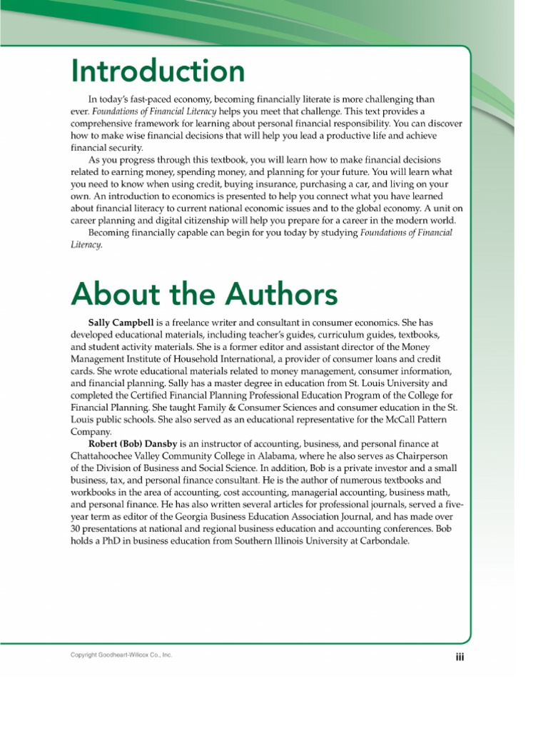 Printable - Foundations of Financial Literacy, 10th Edition Page III ...