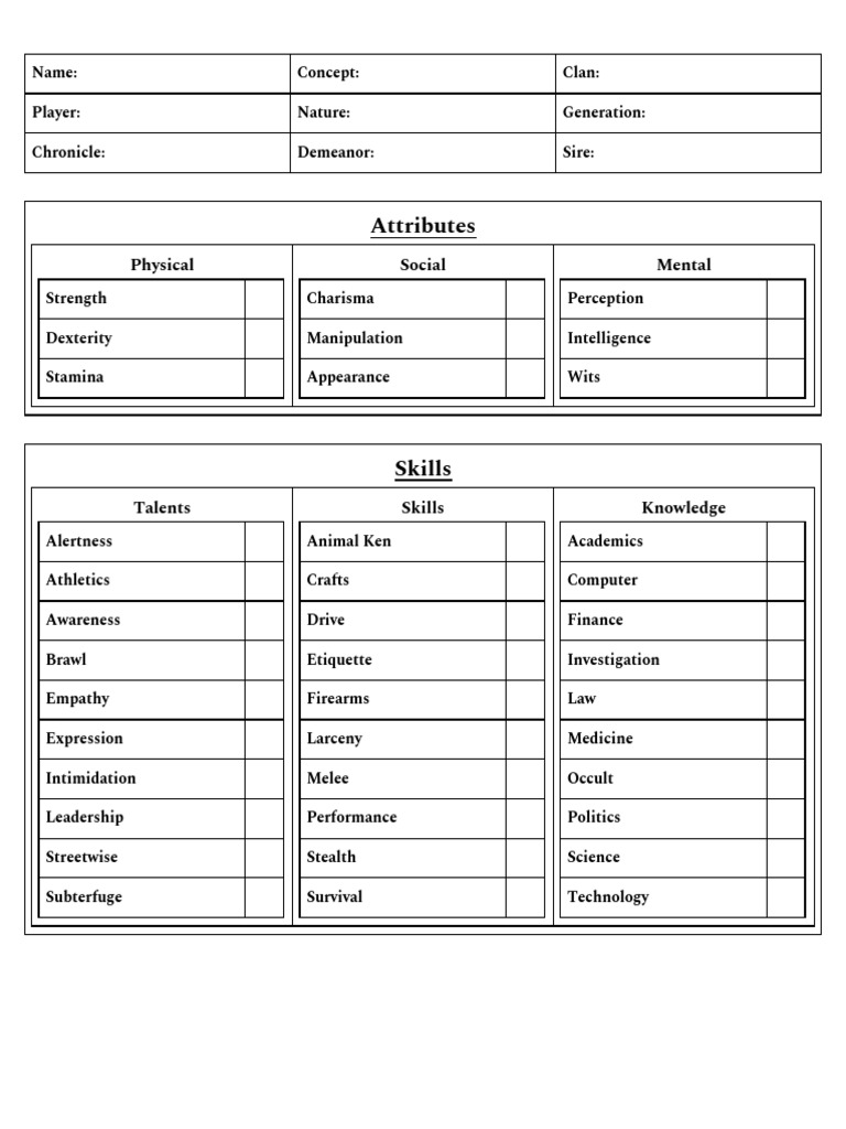 Vampire The Masquerade 20th Anniversary Character Sheet | PDF ...