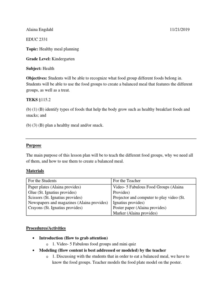 Kindergarten Healthy Food Lesson Plan | PDF | Meal | Lesson Plan