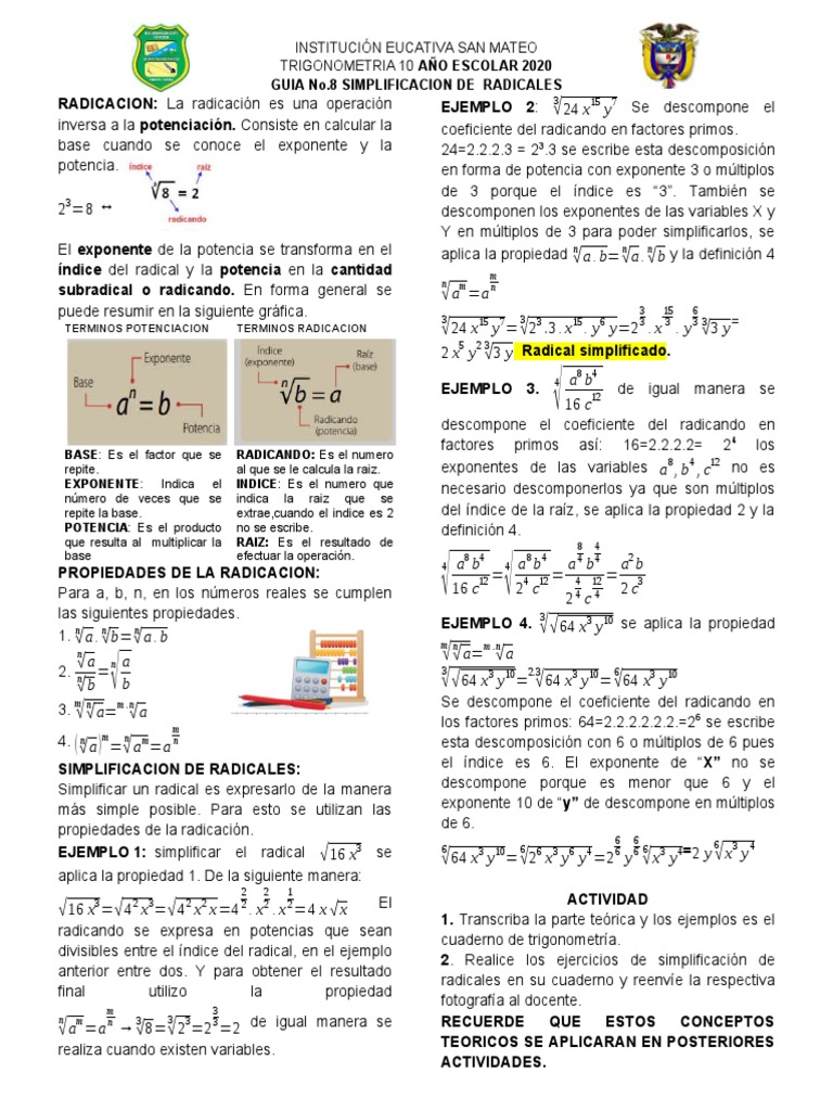 GUIA No.8 SIMPLIFICACION DE RADICALES | PDF | Exponenciación ...