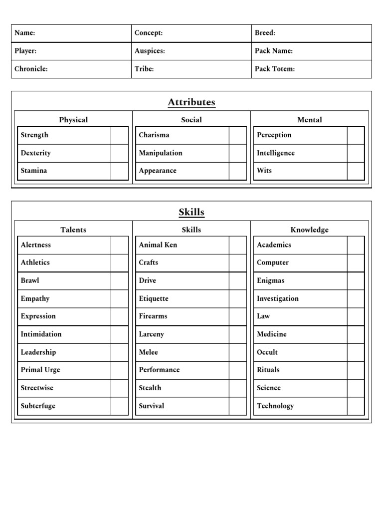 V20 Werewolf Character Sheet Template | PDF | Leisure