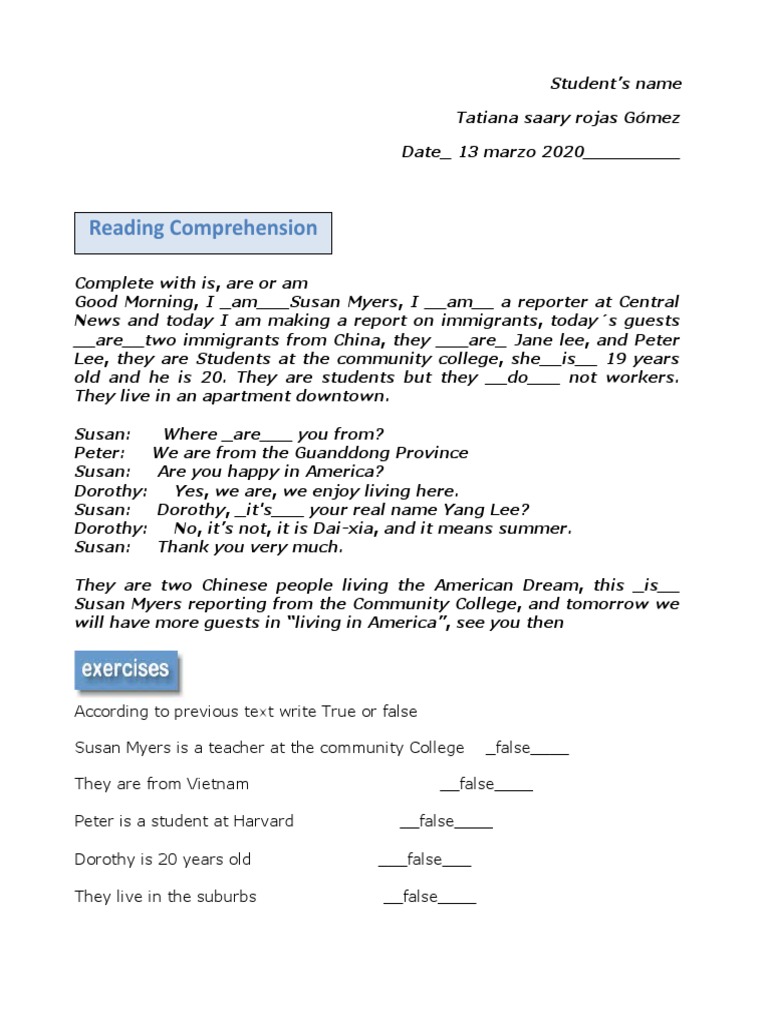 Reading Comprehension Verb To Be. | PDF