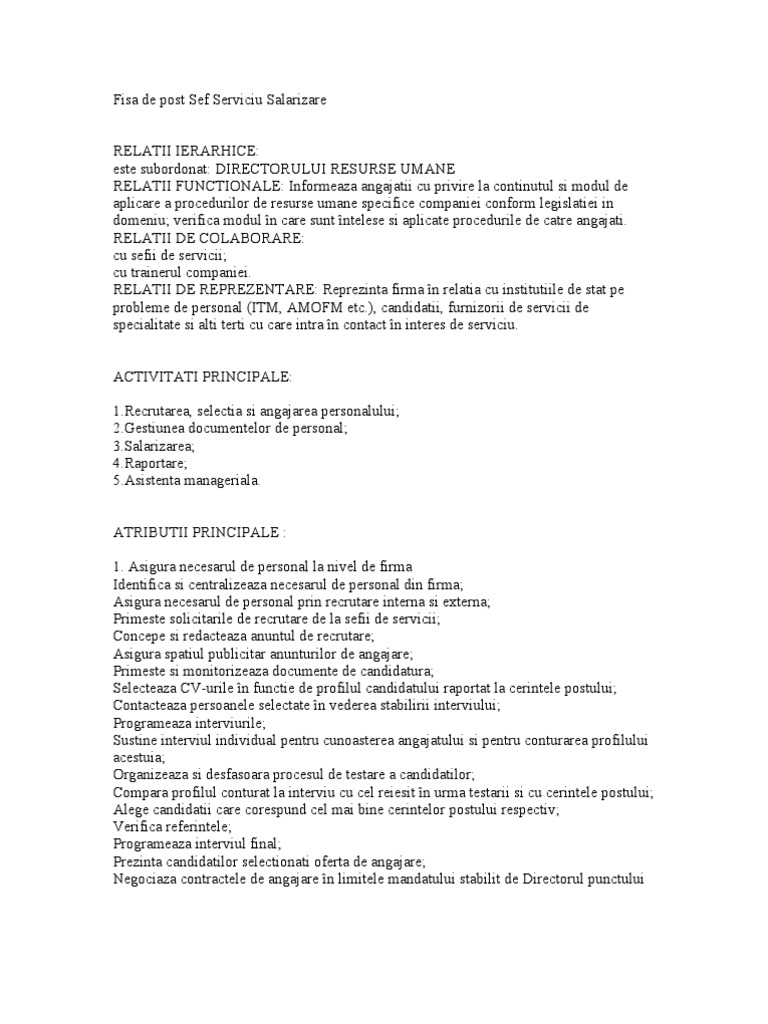 Fisa de Post Sef Serviciu Salarizare | PDF