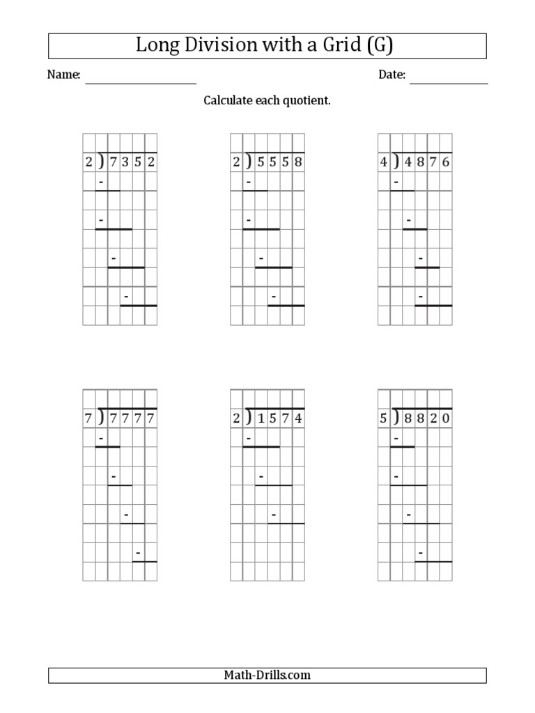 Long Division with Grid Worksheet G | PDF