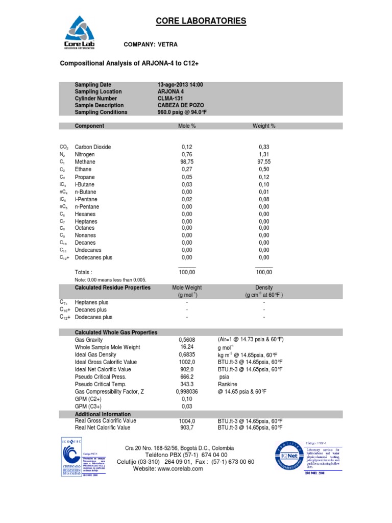 Core Laboratories: Compositional Analysis of ARJONA-4 To C12+ | PDF ...