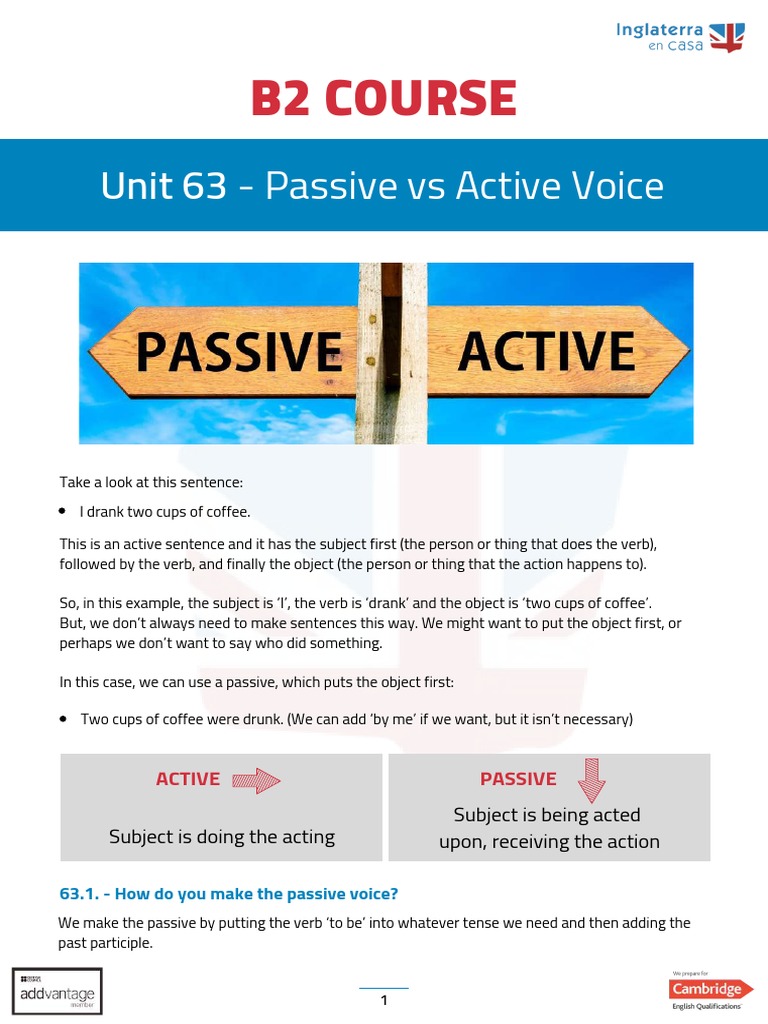 B2 Course: Unit 63 - Passive Vs Active Voice | PDF | Verb | Grammatical ...