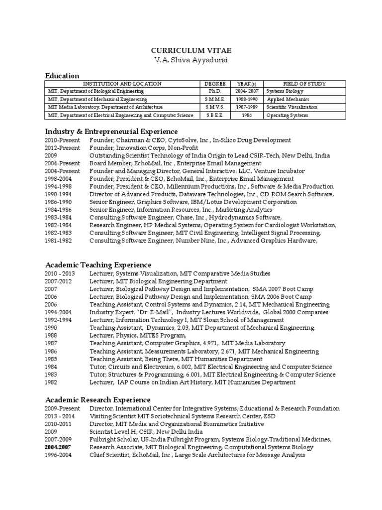 Curriculum Vitae Education: V.A. Shiva Ayyadurai | PDF | Massachusetts ...