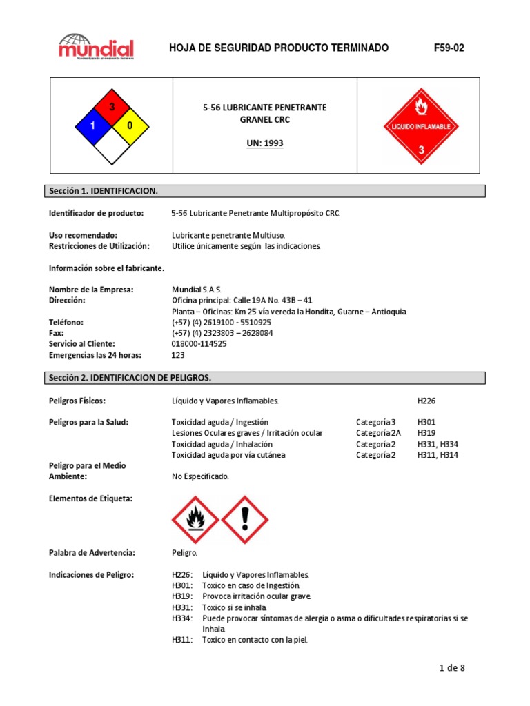 MSDS 5-56 Lubricante Penetrante Multipro Granel CRC SGA PDF | PDF ...
