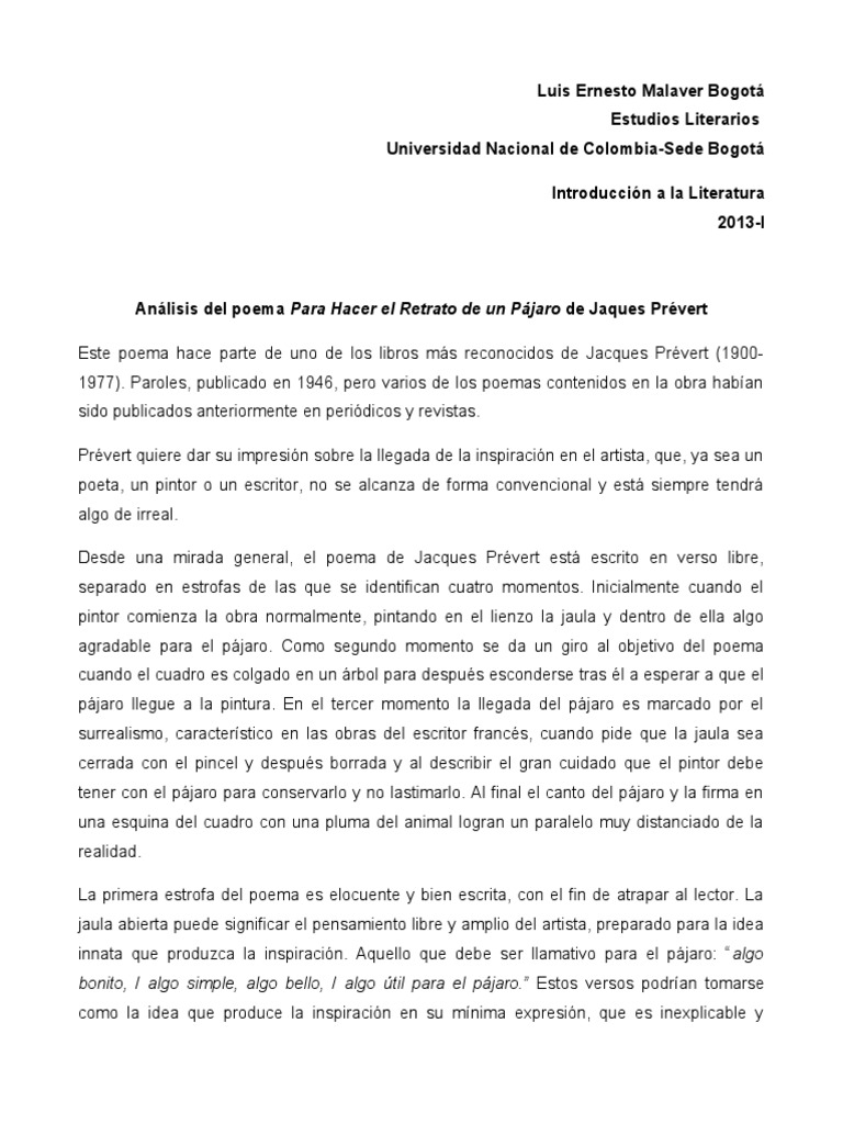 Análisis Poema de Jacques Prevert | PDF | Pinturas | Aves