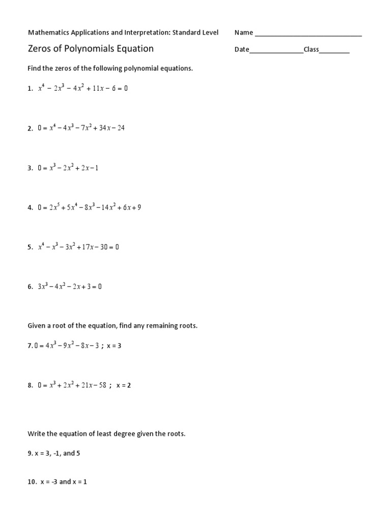 Zeros of Polynomials Worksheet PDF | PDF