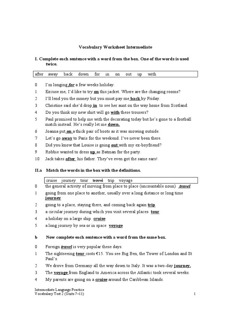 Vocabulary Worksheet for Travel and Holidays | PDF
