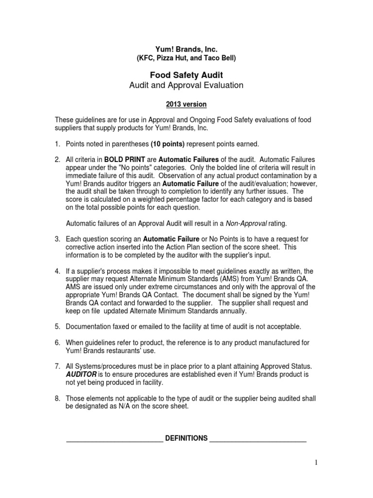 Yum! Brands Food Safety Audit Guidelines | PDF | Metal Detector | Water ...