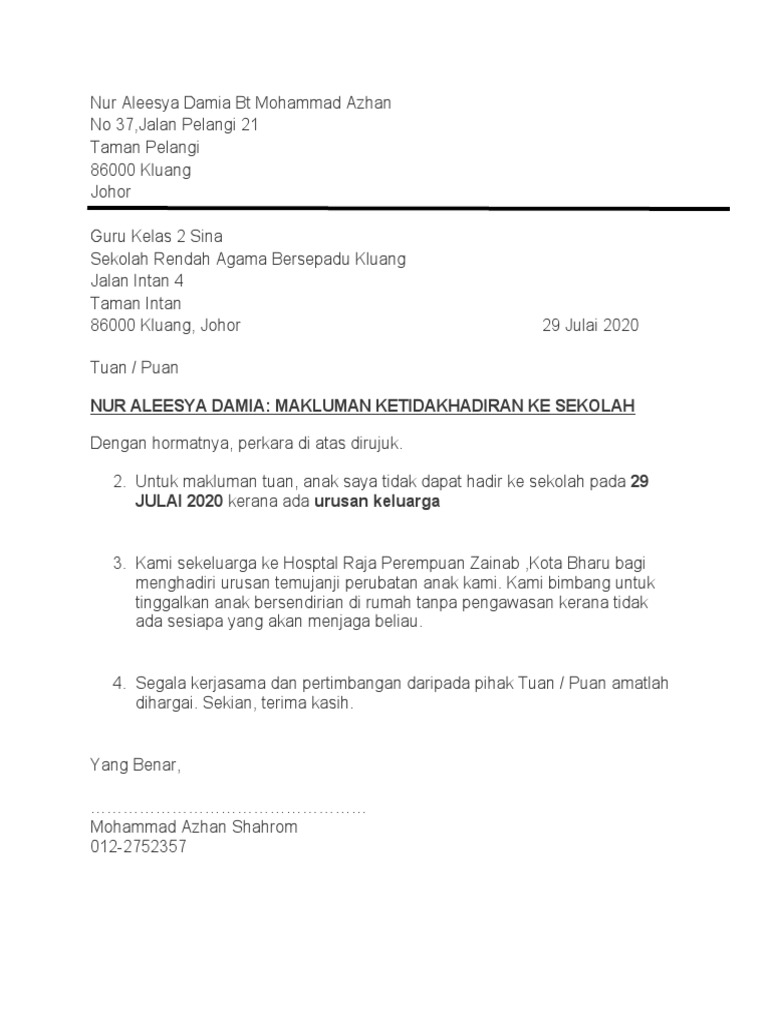 Surat Nur Aleesya Damia BT Mohammad Azhan | PDF