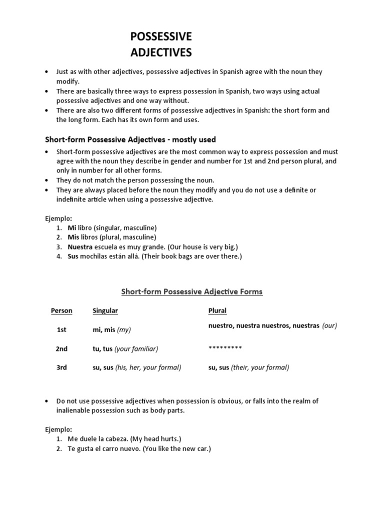 Short-Form Possessive Adjectives - Mostly Used | PDF | Grammatical ...