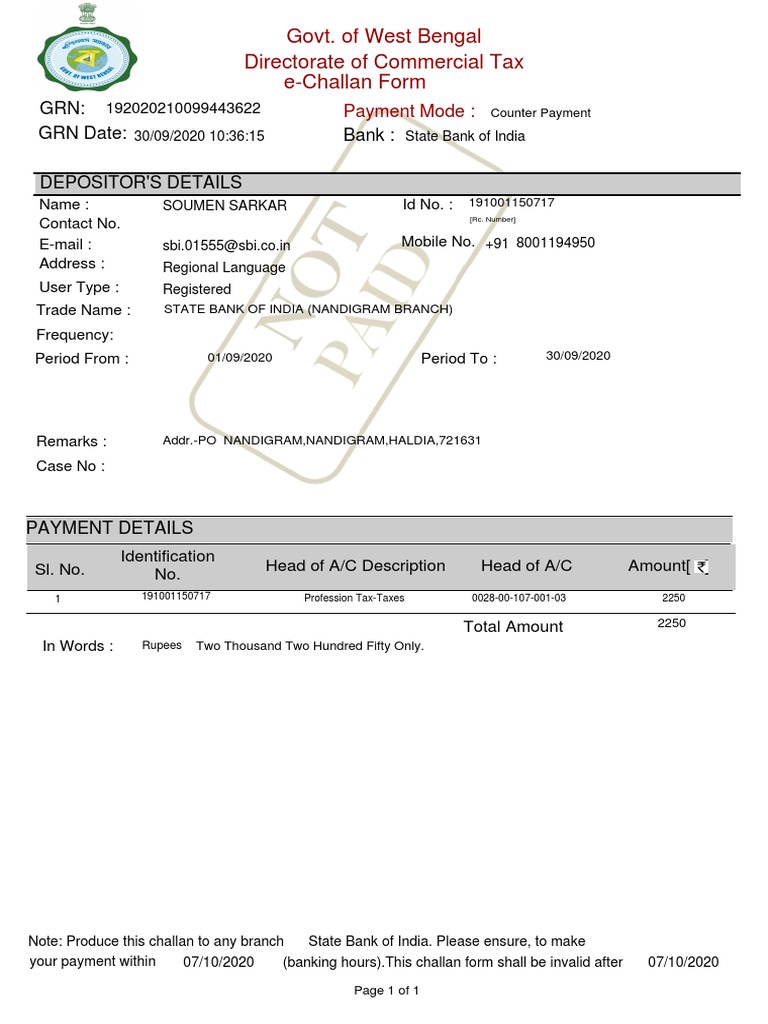 Govt. of West Bengal Directorate of Commercial Tax E-Challan Form | PDF