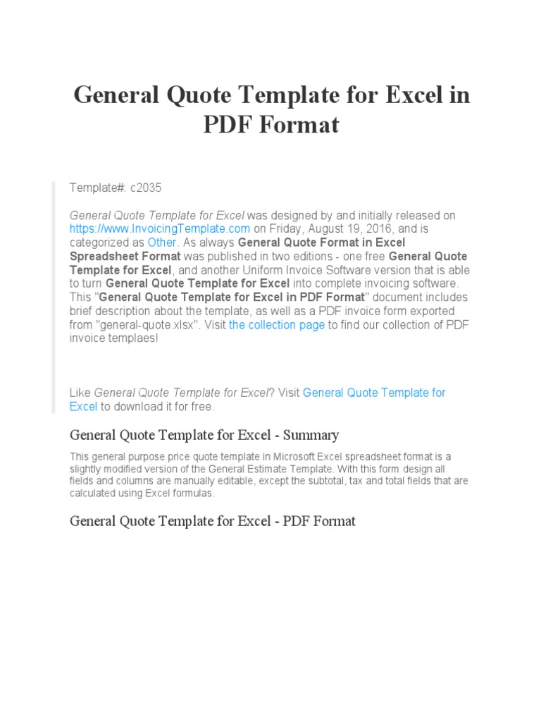 General Quote Template For Excel in PDF Format | PDF