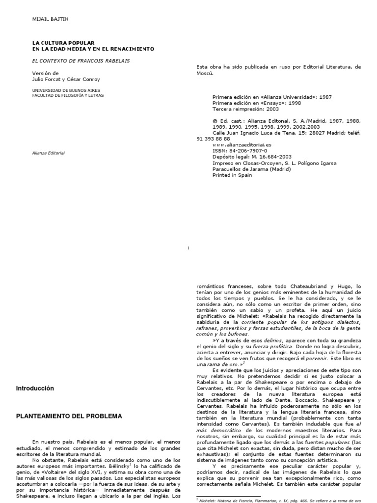 Bajtin, Mijail, La Cultura Popular en La Edad Media y El Renacimiento PDF | PDF | La risa ...