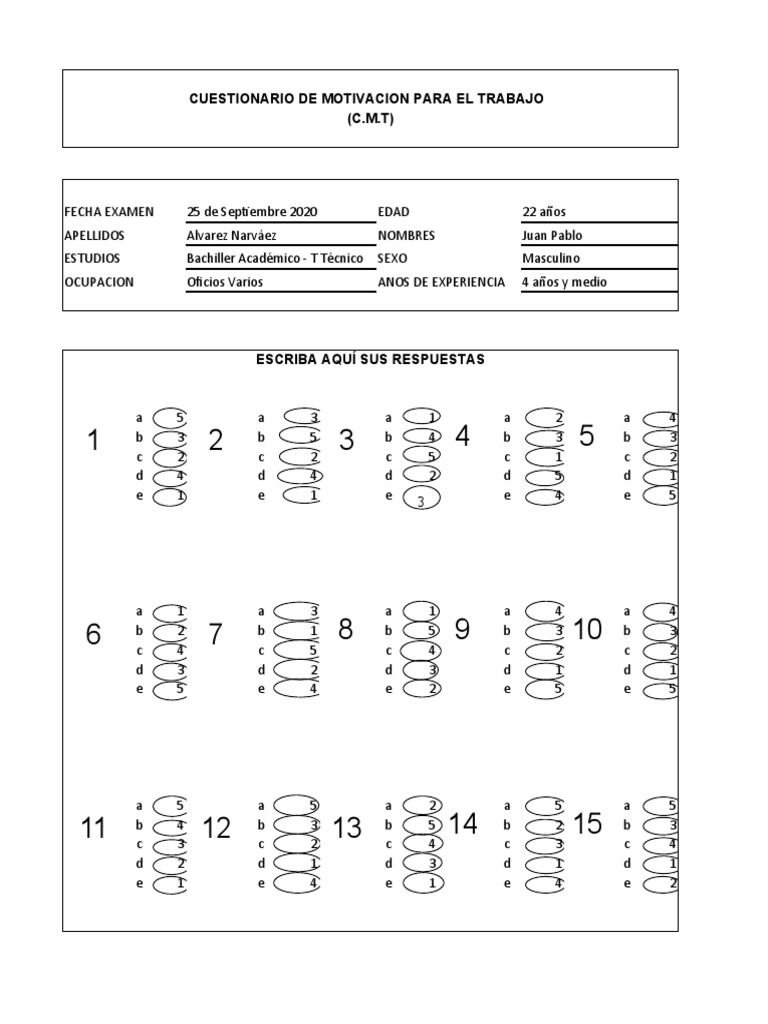 Hoja Respuestas Cuestionario CMT Juan Pablo Alvarez Narváez | PDF